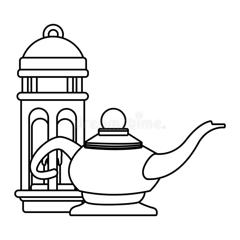 Antique Magic Lamp and Lantern Cartoon in Black and White Stock Vector ...