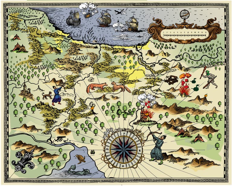 Antique map stock vector. Illustration of cartoon, mast - 14496061