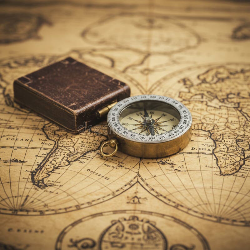Antique Map with a Brass Compass and a Brown Leather-bound Book Stock ...