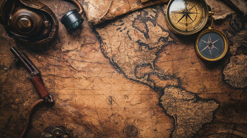 Antique Map with Compass and Navigational Tools Stock Image - Image of ...