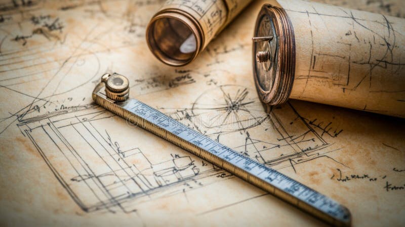 Antique Map with Compass and Ruler Stock Illustration - Illustration of ...