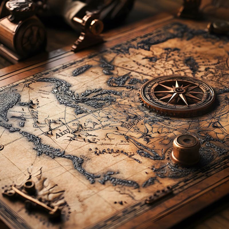 Antique Map with Compass and Vintage Objects on Wooden Surface Stock ...