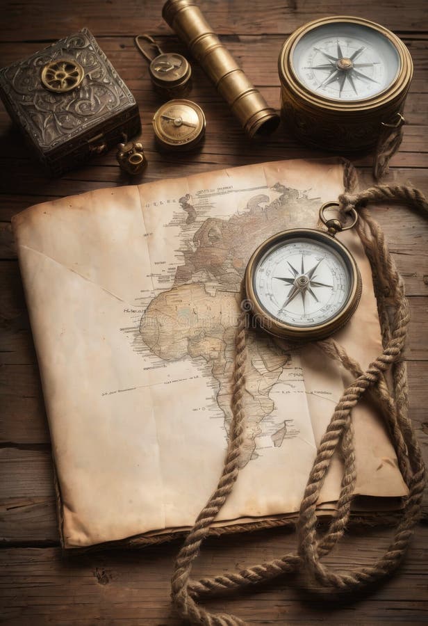 Antique Map and Navigation Tools Stock Photo - Image of rope, aged ...