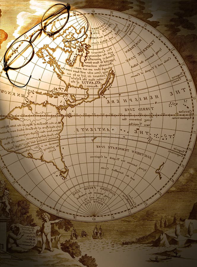 Antique Map with Old Spectacles Stock Image - Image of metal, cherubs ...