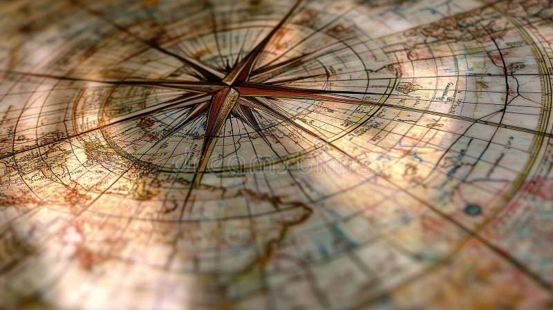 Antique Map Showing the World with a Compass Rose Stock Illustration ...