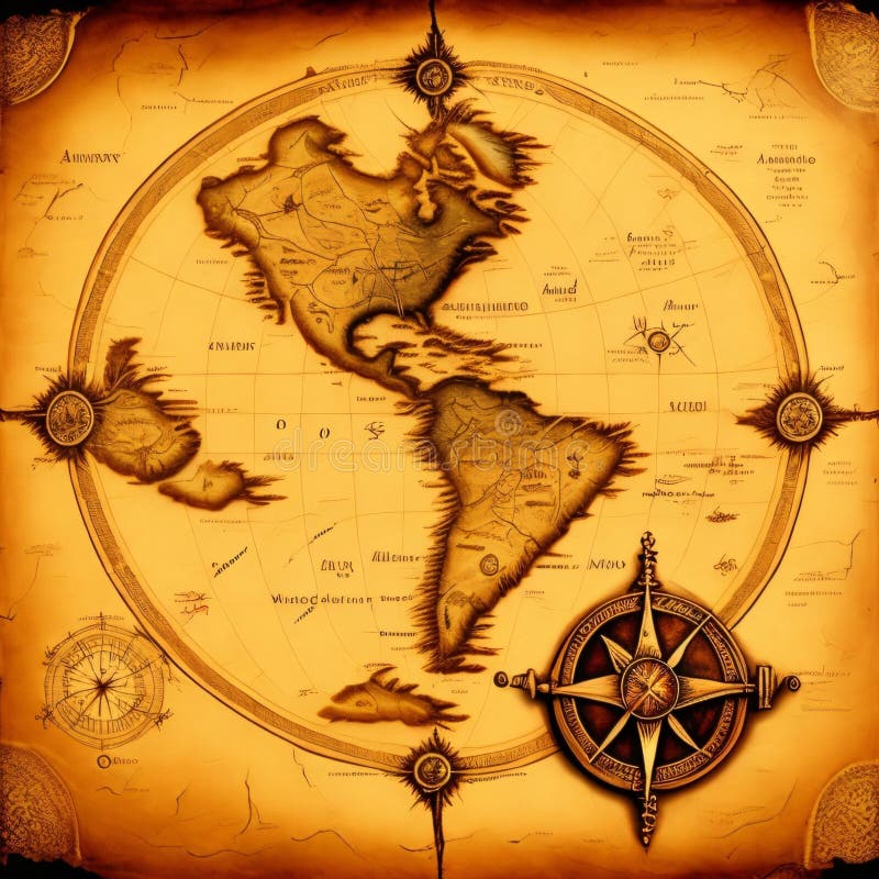 Antique Map of the World Inside a Circle with a Compass on the Side ...