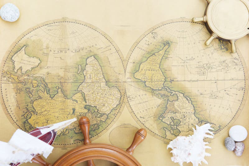 Antique Map of the World with Steering Wheel and Shell Stock Image ...