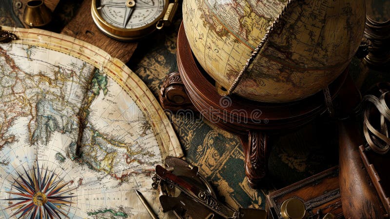 Antique Maps, Compass, Globe, and Nautical Instruments Arranged on a ...