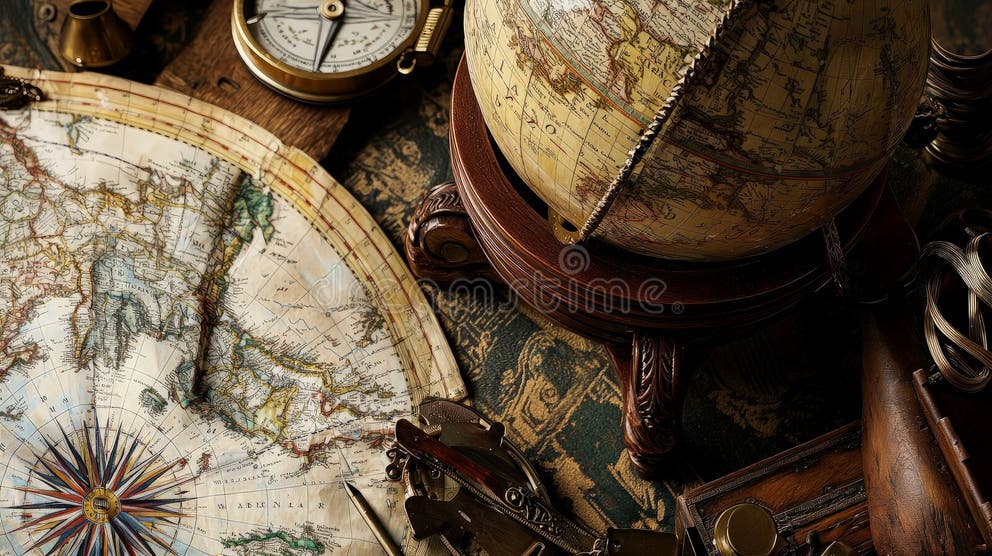 Antique Maps, Compass, Globe, and Nautical Instruments Arranged on a ...