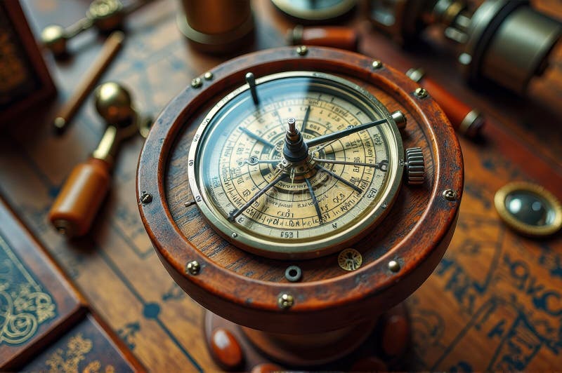 Antique Maritime Compass on Wooden Map Table Stock Photo - Image of ...