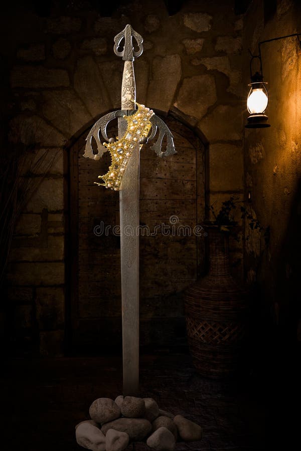 Crown with Sword and Castle Stock Photo - Image of medieval, dramatic ...