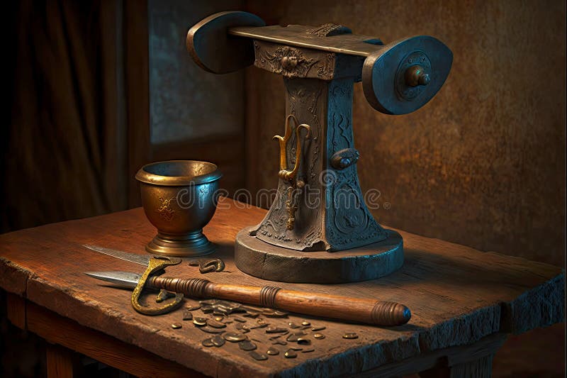 Antique Metal Anvil and Hammer Stand on Desk in Forge Stock Image ...