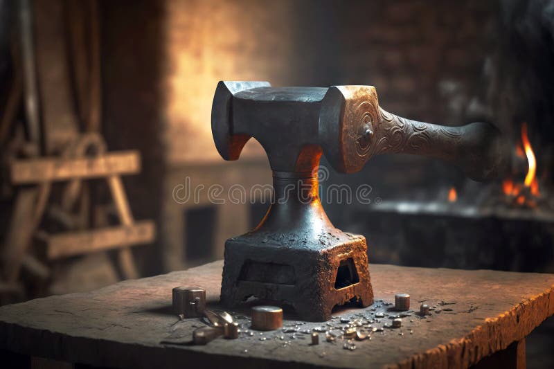Antique Metal Anvil and Hammer Stand on Desk in Forge Stock ...