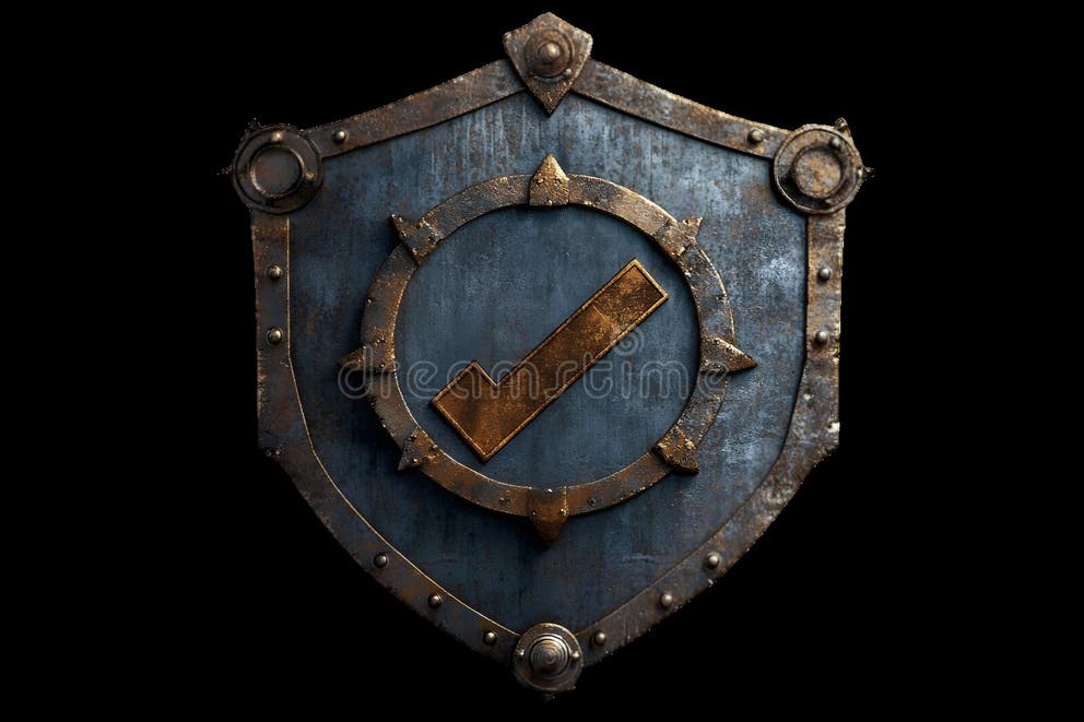 Antique Metal Shield with Rusted Checkmark Emblem on Dark Surface Stock ...