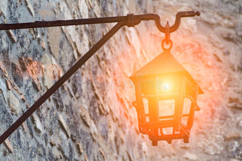 An Antique Metal Street Lamp, a Glowing Street Lamp Stock Image - Image ...