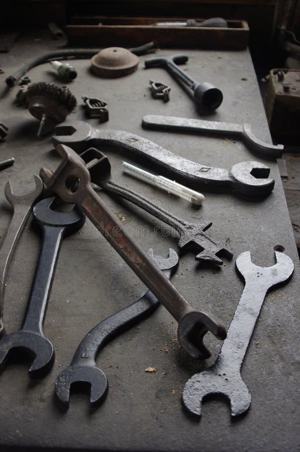Antique Metal Tools on Workbench Stock Image - Image of garage, vintage ...