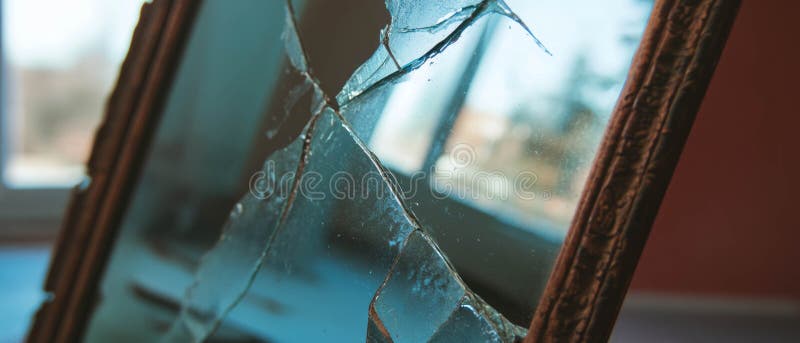 Antique Mirror with Cracks Reflecting a Distorted View of a Forgotten ...