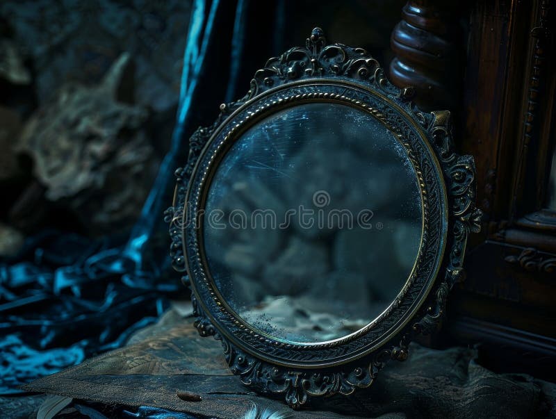 Antique Mirror in Dark Moody Setting Stock Illustration - Illustration ...