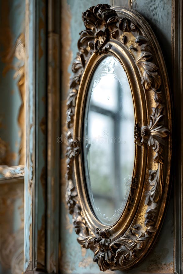 An Antique Mirror in a Gilded Frame with a Relief Pattern on the Wall ...
