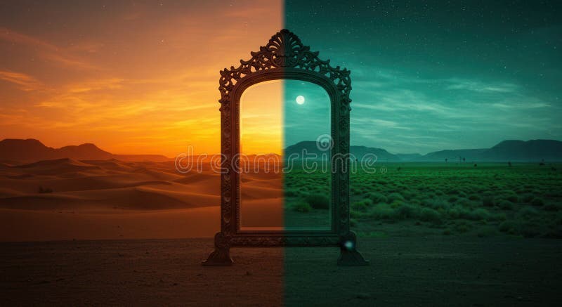 Antique Mirror Reflects Desert and Field at Twilight for Duality ...
