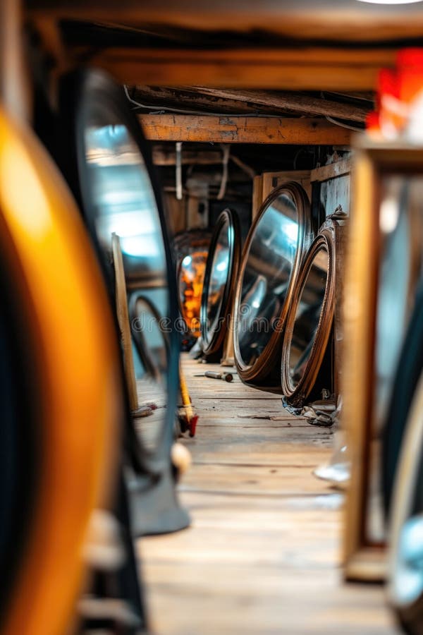 Antique Mirrors in Rustic Corridor with Distorted Wooden Reflections ...
