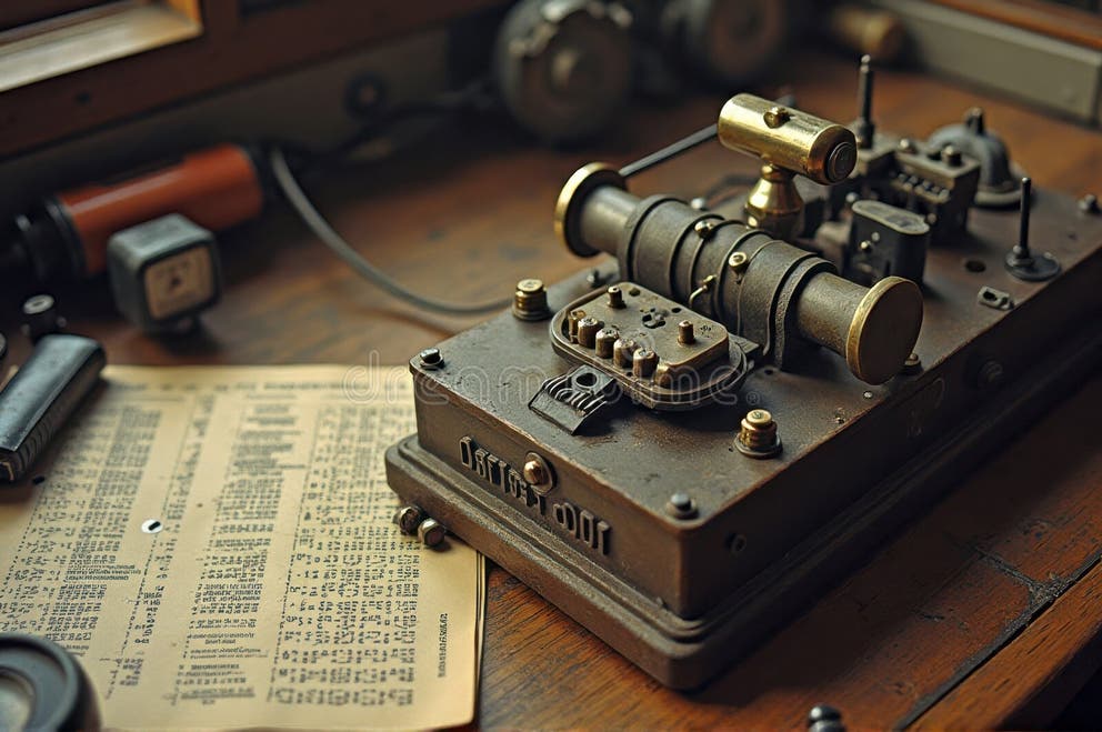Antique Morse Code Telegraph Machine on Wooden Desk with Instruction Sheet and Tools Stock Image ...
