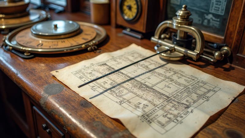 Antique Nautical Chart with Vintage Measuring Instruments on Wooden ...