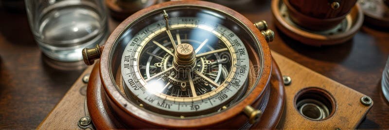 Antique Nautical Compass with Wooden Housing on Vintage Desk Stock ...