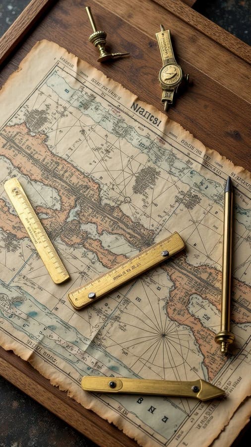 Antique Nautical Map with Brass Navigation Tools on Wooden Frame ...