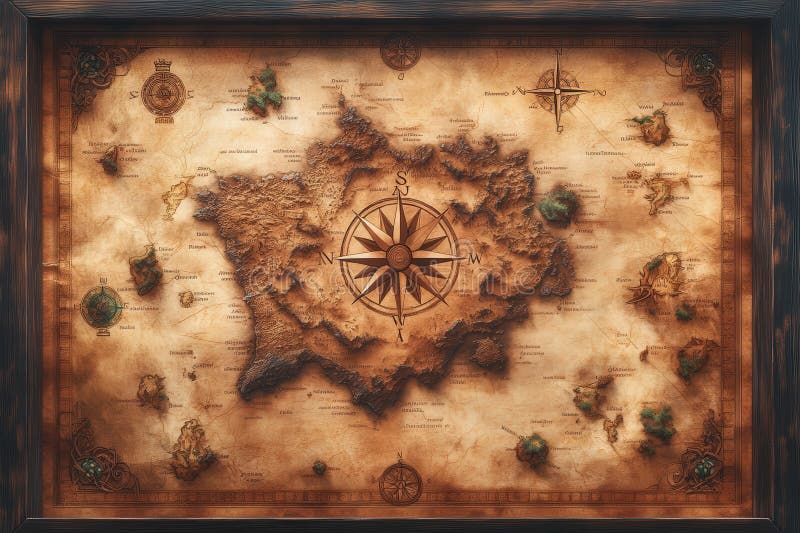 Antique Nautical Map with Compass Rose and Topographical Islands Stock ...