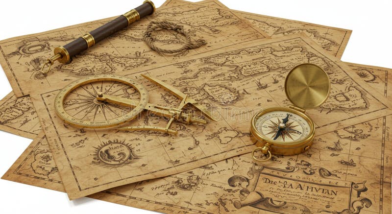 Antique Navigation Tools and Old Maps are Displayed. a Brass Compass ...