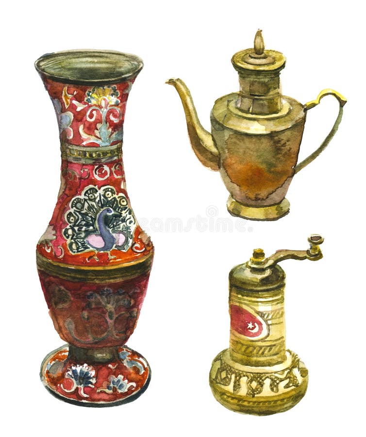 Antique Objects. Isolated on White Stock Illustration - Illustration of ...