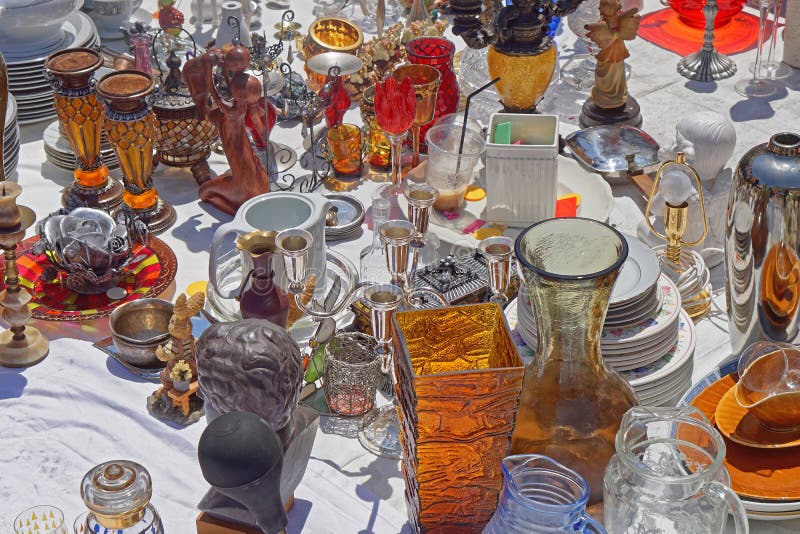 Flea market stock image. Image of objects, gold, vase - 112987001