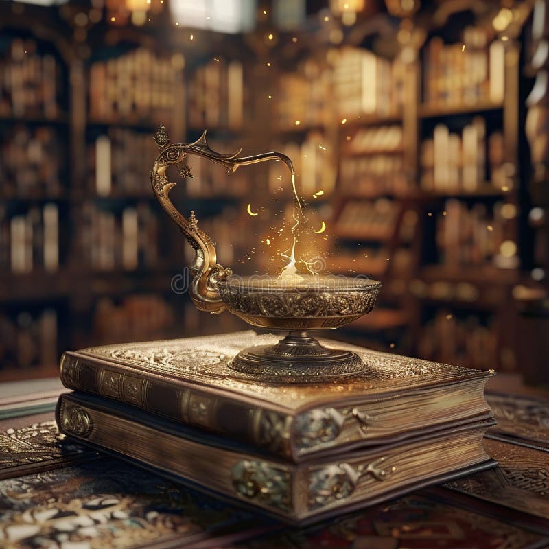 Antique Oil Lamp Glows Magically on Old Books in a Library Stock ...