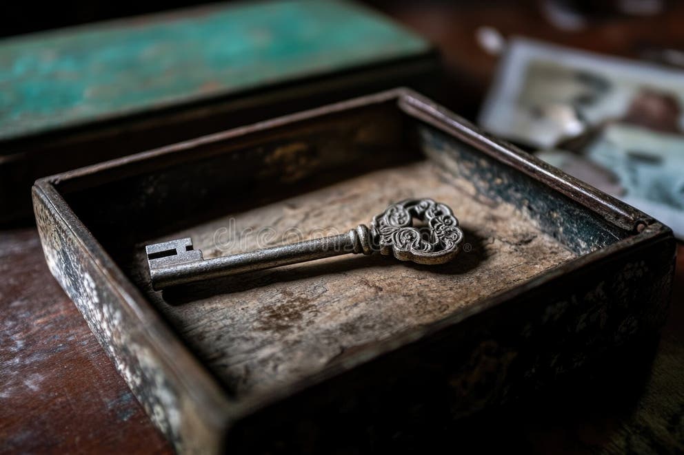 Antique Ornate Key in Rustic Box on Wooden Table Surface Stock Photo ...