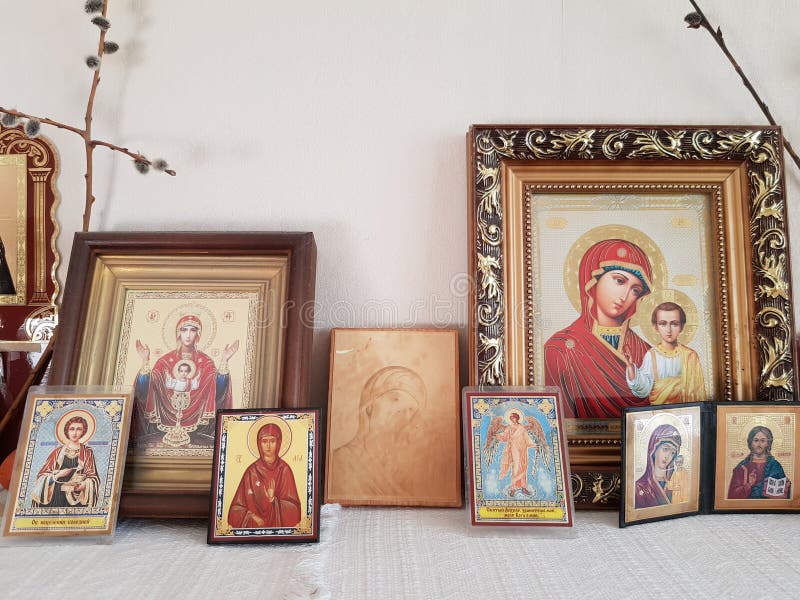 Antique Orthodox Christian Icons on the Shelf Stock Illustration ...