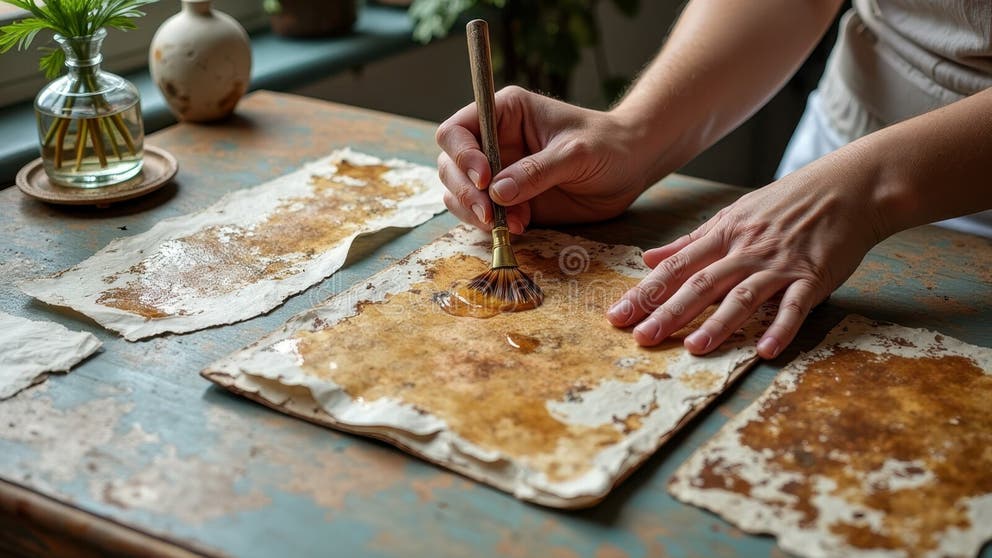 Antique Paper Restoration Process with Brush and Skillful Hands Stock ...