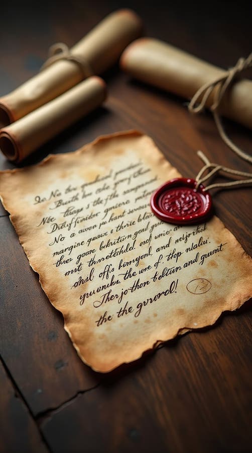 Antique Parchment Scroll with Wax Seal and Handwritten Script Stock ...