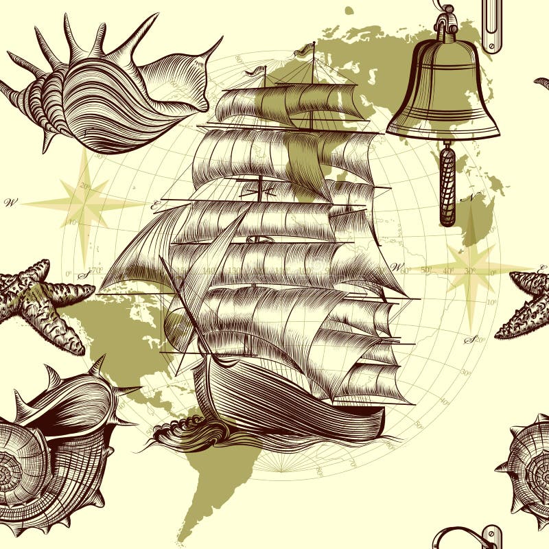 Antique Pattern with Ship, Shells and Map, Tripping Theme Stock Vector ...