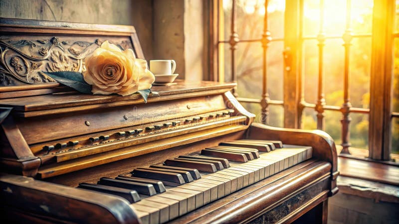 Antique Piano with Rose and Coffee Cup in Sunlit Room. Generative AI ...