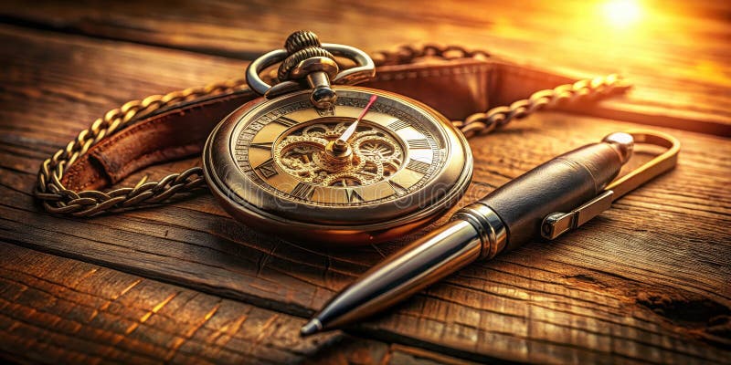 Antique Pocket Watch and Elegant Pen on Rustic Wood. Generative AI ...