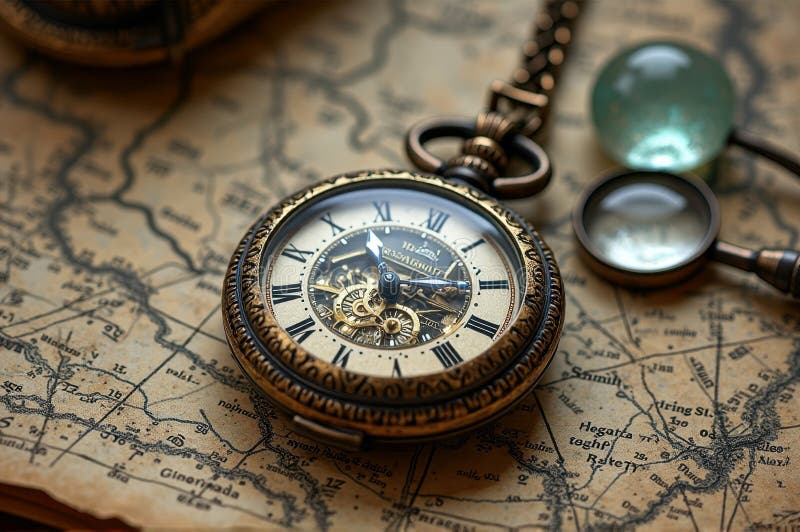 Antique Pocket Watch on Vintage Map with Magnifying Glass and Glass ...