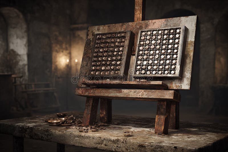 Antique Printing Press with Metal Type Blocks Displayed in a Rustic ...