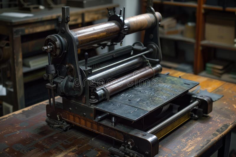 Antique Printing Press Standing on Wooden Desk in Workshop Stock Photo ... Antique Printing Press Standing on Wooden Desk in Workshop Stock Photo ...