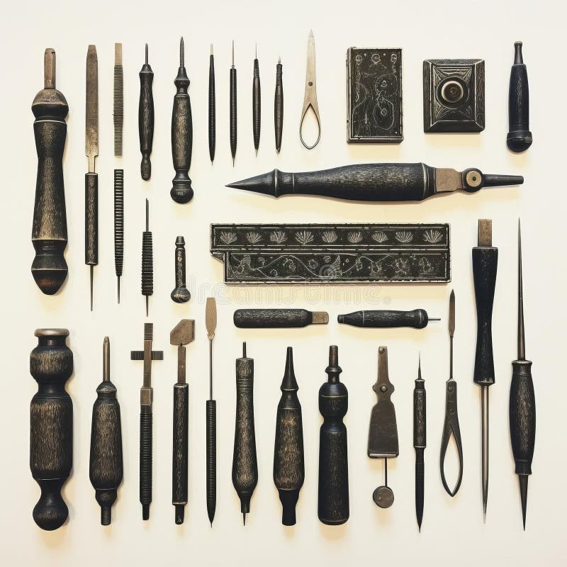 Antique Printmaking Tools on White Background Composition Stock ...