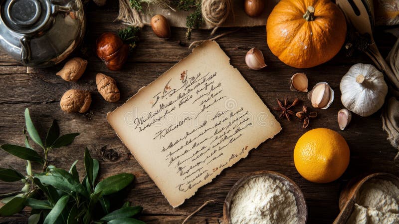Antique Recipe Book with Ingredients and Wooden Table Setting Stock ...