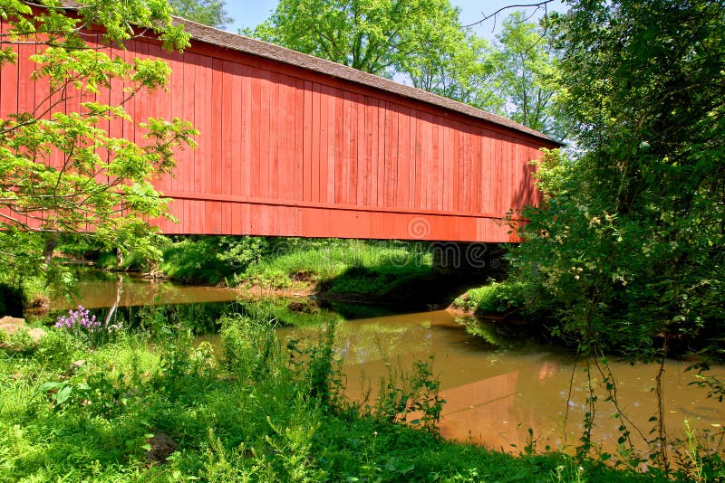 Antique Red Wood Covered Bridge Over a River Creek Stock Image - Image ...