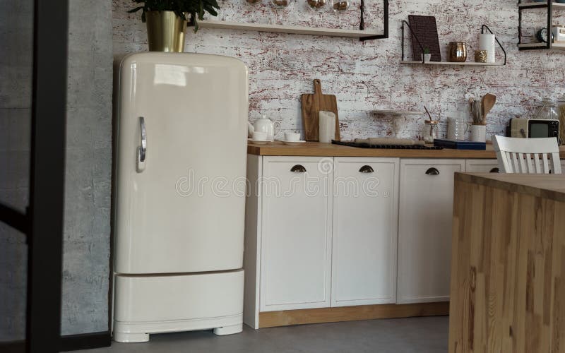 Antique Retro Fridge in Kitchen with Brick Wall Stock Photo - Image of ...