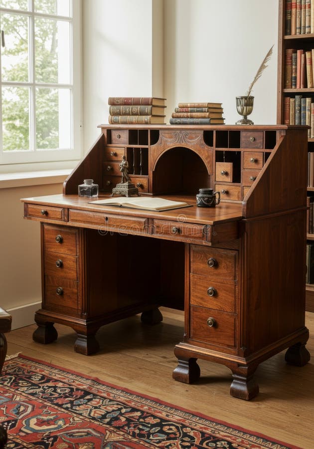 Antique Roll Top Wooden Desk in a Classic Study Stock Illustration ...