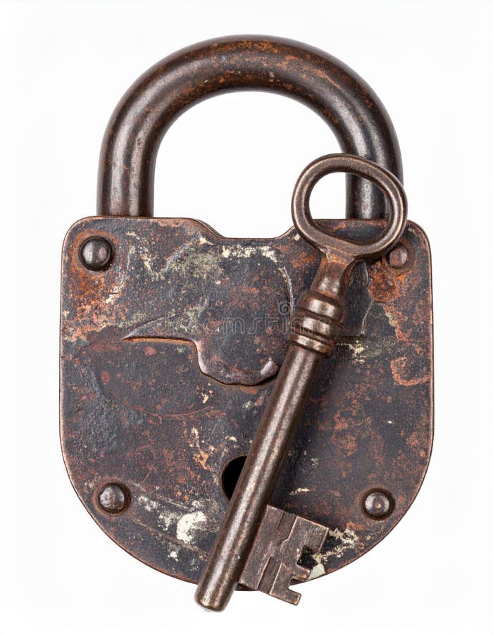Antique Rusty Metal Padlock with Matching Key Isolated on White ...